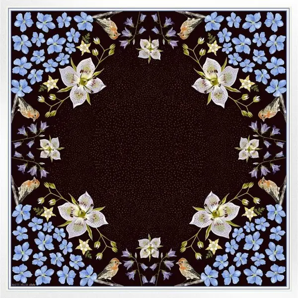 MATTY MILLER STUDIO 100% Silk Scarf Black Gentianfloral Bird Design